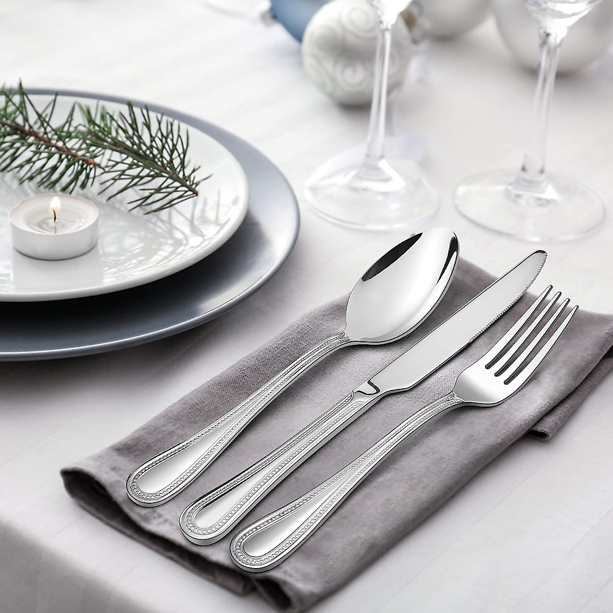 65-Piece Silverware Set with Serving Utensils, HaWare Stainless Steel Flatware Service for 12, Pearled Edge Tableware Cutlery for Home Restaurant Party, Mirror Polished, Dishwasher Safe