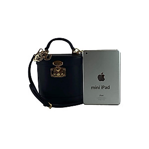 UScarmen Women's Calfskin Leather Top Handle Binocular Box Bag Black Brown (Black)