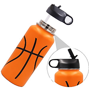 32 oz Basketball Water Bottle, Wide Mouth Thermo Flask with 2 Lids, BPA Free Stainless Steel Double Wall Vacuum Insulated Sports Water Bottles, Basketball Gifts for Boys Girls Player Coach