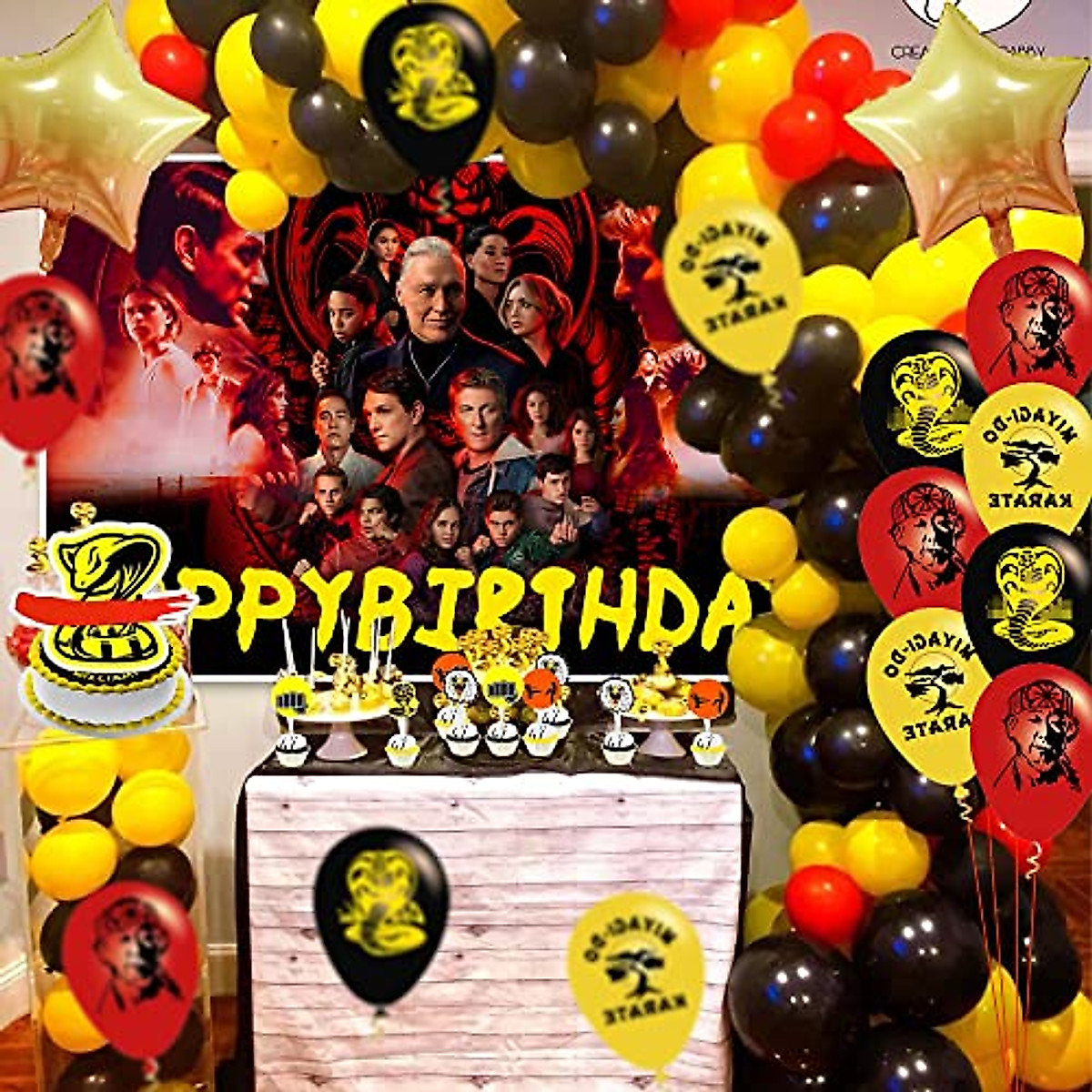 99pcs Cobraa Birthday Decoration Party Supplies Include Banner, Cake Toppers, Cupcake Toppers, Backdrop, Stars Foil Balloons, Stickers, Latex Balloons,for Kids Birthday Party