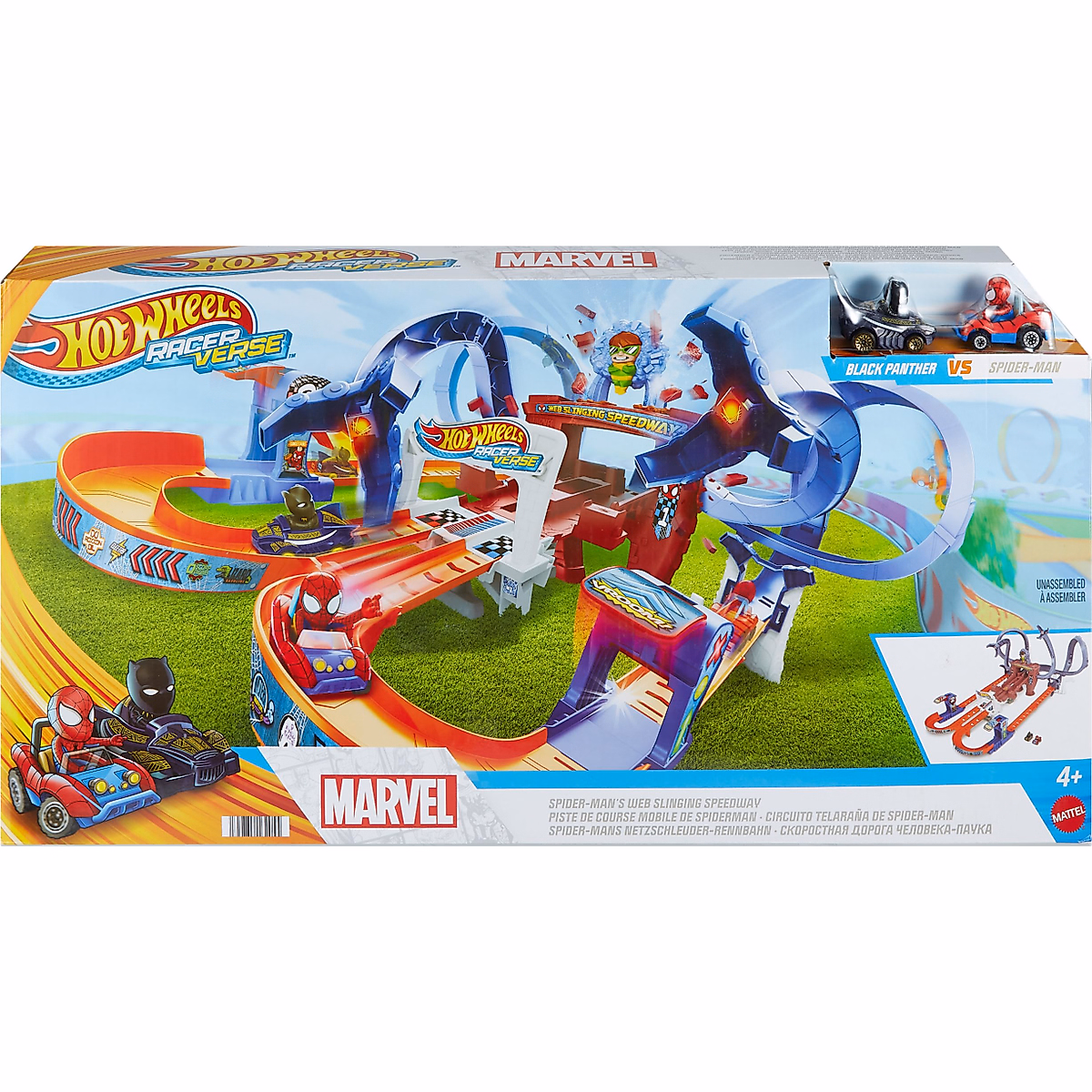 Hot Wheels Toy Car Track Set, RacerVerse Spider-Man’s Web-Slinging Speedway, Competitive Race with 2 Die-Cast Vehicles: Spider-Man & Black Panther