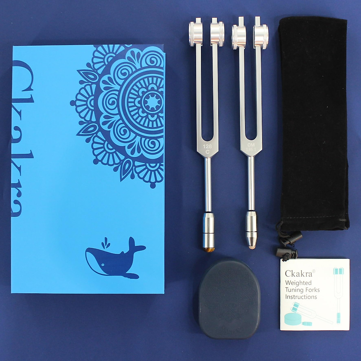 Ckakra Pack of 2 Weighted Tuning Forks with Natural Gemstone Trigger Point for Sound &Body Healing, OTTO128& OM136.1, Zen Tools,Odorless Silicone Activator