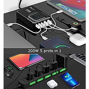 Hqeeun 200W USB C Charger GaN Chargers, 5 Ports Desktop Fast Charging Station with LCD Display, PD 100W PPS 45W QC 22.5W Power Adapter Compatible for iPhone,Samsung Galaxy,iPad,MacBook,Pixel