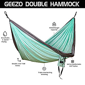 GEEZO Double Camping Hammock, Lightweight Portable Parachute (2 Tree Straps 16 LOOPS/10 FT Included) 500lbs Capacity Hammock for Backpacking, Camping, Travel, Beach, Garden