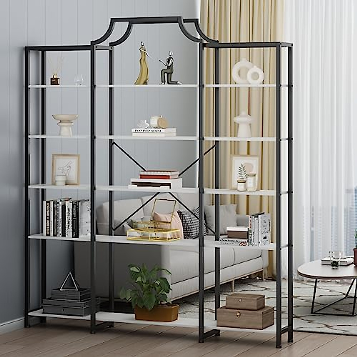 Auromie Triple Wide 5-Tier Bookshelf, 70.87" L x 79.13" H Extra Large Bookcase, Tall Open Etagere Display Shelf with Metal Frame, Freestanding Modern Storage Shelves for Home Office, Black&White