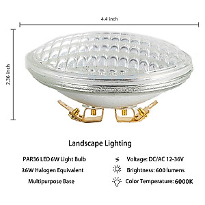 Beonllay PAR36 LED Landscape Light Bulb, 6W 600LM, 6000K, 36Watt Halogen Landscape Bulb Equivalent, 12V AC/DC, PAR36 LED Bulb for Tractor Light, Off-Road Vehicles, RV Vehicles, 2 Pack