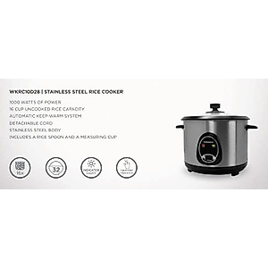 Westinghouse 220 Volts Rice Cooker 16 Cup, Non Stick Cooking Pot, Measuring Cup, Keep Warm Function-Stainless Steel-1000W (NOT FOR USE IN USA)