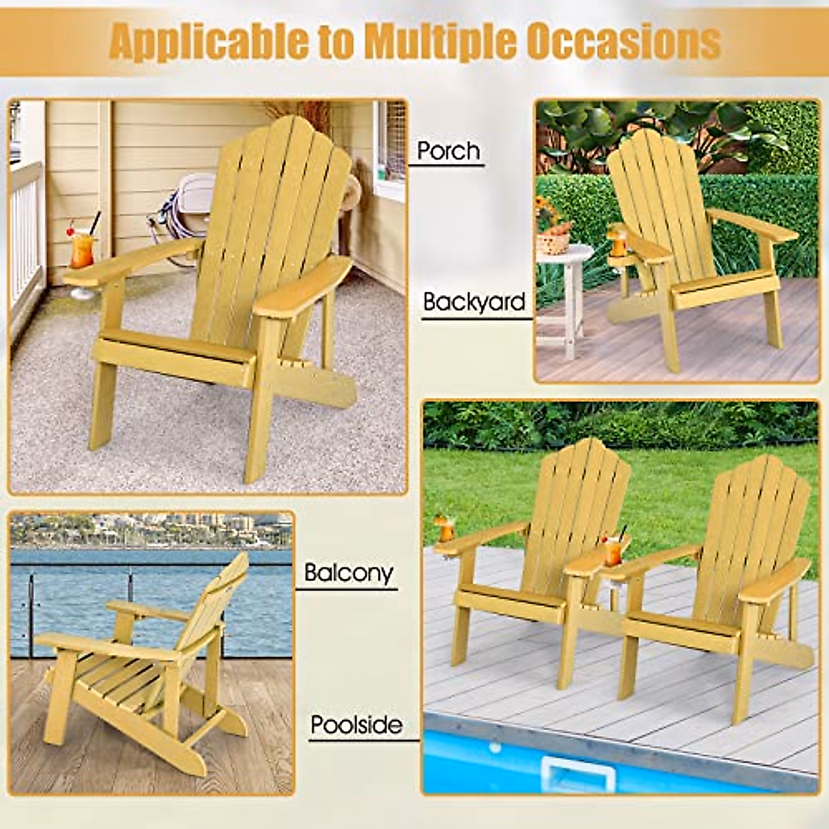 Giantex Outdoor Adirondack Chair - Oversized Patio Chairs w/Hidden Cup Holder, Realistic Wood Grain, 380 LBS Weight Capacity, Weather Resistant Firepit Chairs for Backyard, Garden (1, Yellow)