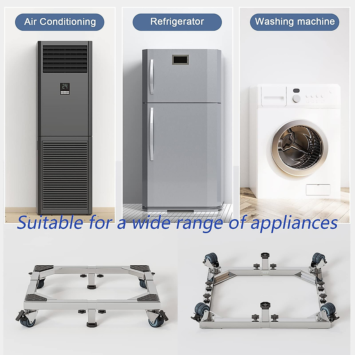 Chinchilla Heavy Duty All Stainless Steel Mobile Fridge Stand Base, Washing Machine Stand with Wheels, Adjustable Furniture Dolly for Washer, Refrigerator and Dryer（Large