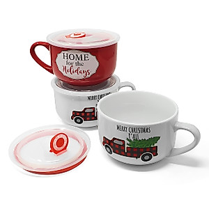Kovot 24oz Ceramic Christmas Themed Bowl Set with Lid & Handle – Use for Ramen, Soup, Cereal, & as a Coffee Mug – Take Your Food To Go with Airtight Silicone Lid and Steam Vent (4-Pack – Red & White)