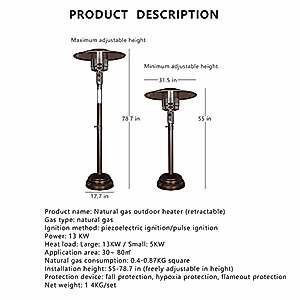 Natural Gas Patio Heater,Outdoor Heater For Natural Gas Adjustable Height, Between 140-200cm(55-78in),Includes 12 Ft-Long Natural Gas Hose,Passed cETL Certification,This Allows You To Have A P