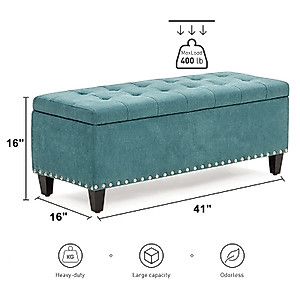 HUIMO Ottoman with Storage, 41-inch Upholstered Fabric Storage Ottoman with Safety Hinge, Storage Bench with Button-Tufted, Ottoman Bench for Bedroom, Entryway, Living Room, End of Bed Bench (Teal)