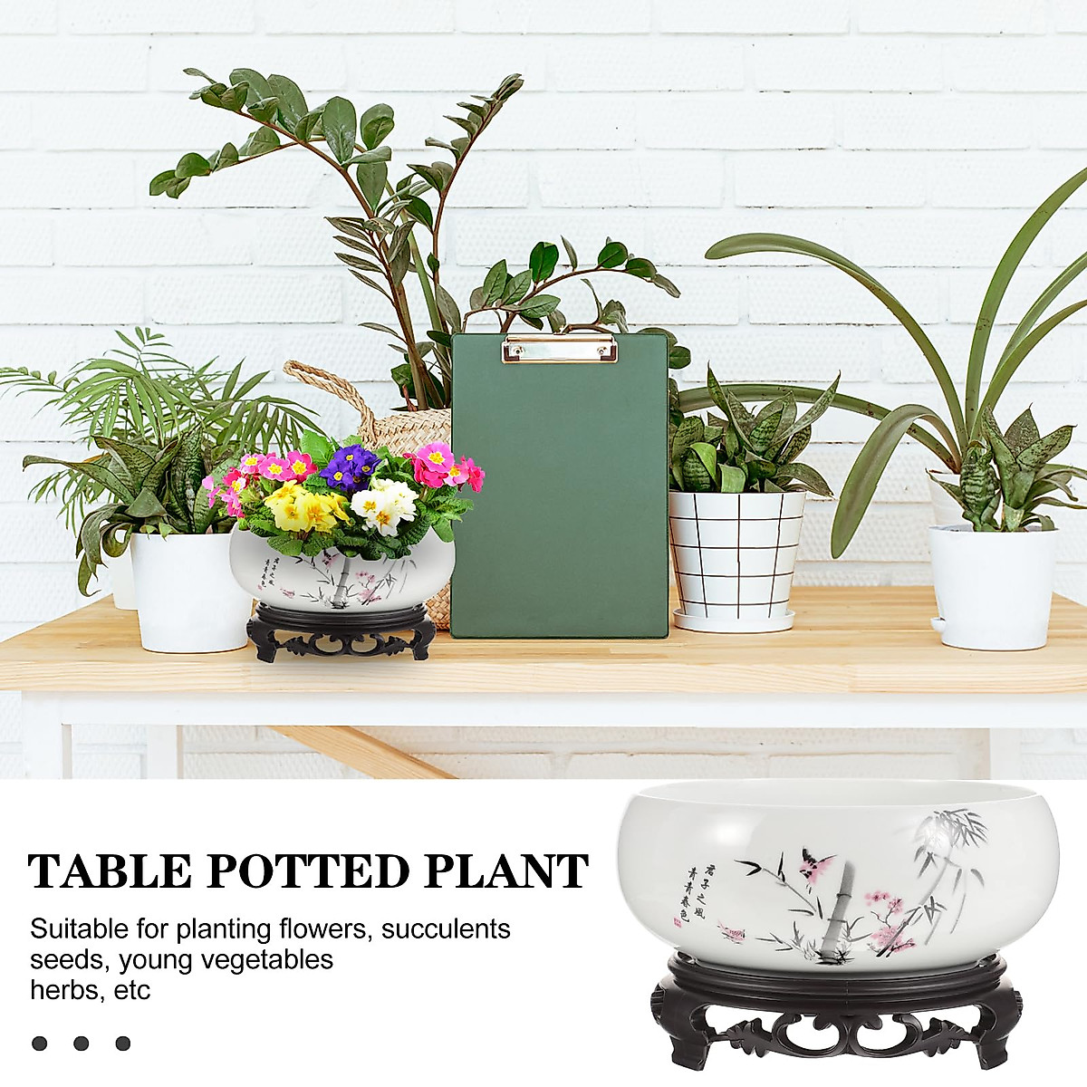 Ceramics 水培花盆圆形多肉植物花盆睡莲碗带支架水仙种植碗仙人掌花盆适用于家庭办公室花园/393