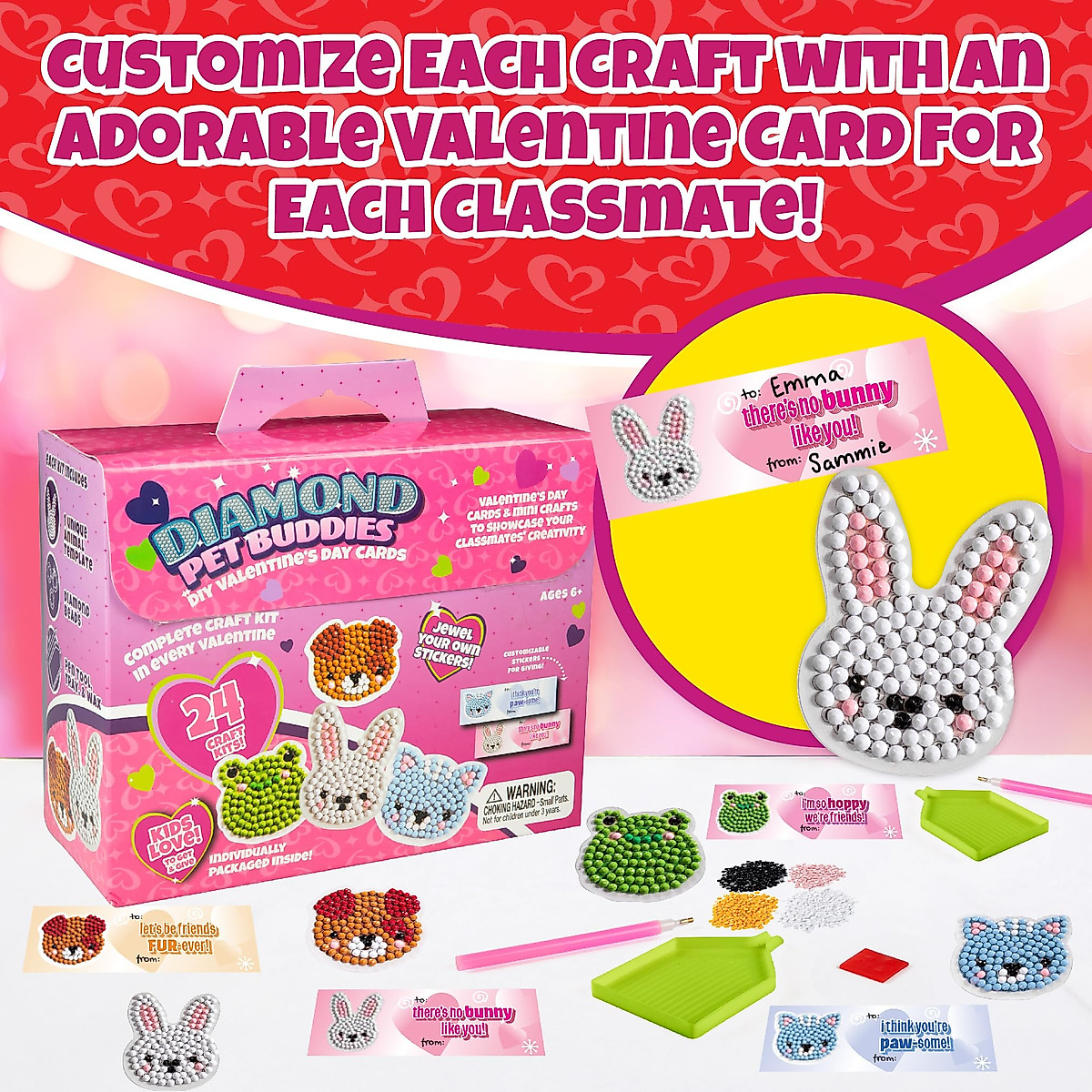 Kids Valentine's Day Cards - Pet Buddies Diamond Painting Kits (24ct)- Each Valentines Card Includes Pet Animal Gem Craft Activity & Sticker- Make Classroom School Exchange Gifts Fun for Boys & Girls