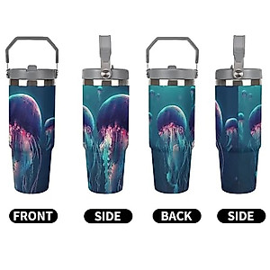 30oz Stainless Steel Insulated Tumbler with Flip Lid & Straw, Leakproof Travel Mug for Car, Color Jellyfish Double Wall Vacuum Thermal Coffee Cup with Handle, Spill-Proof Design for Hot/Cold Drinks
