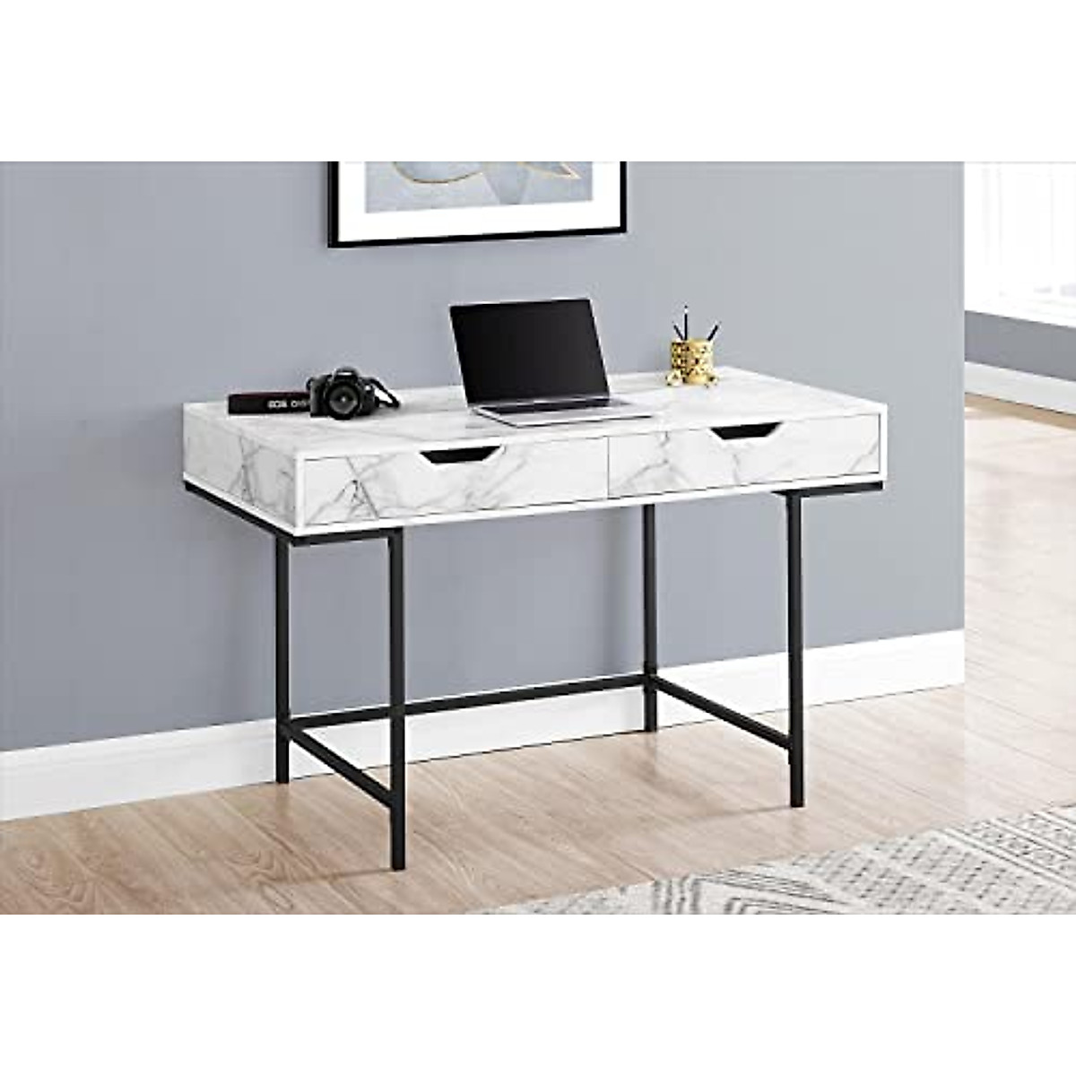 Monarch Specialties 7558 Computer Desk, Home Office, Laptop, Storage Drawers, 48" L, Work, Metal, Laminate, White Marble Look, Black, Contemporary, Modern Desk-48, 47.25" L x 23.75" W x 30" H
