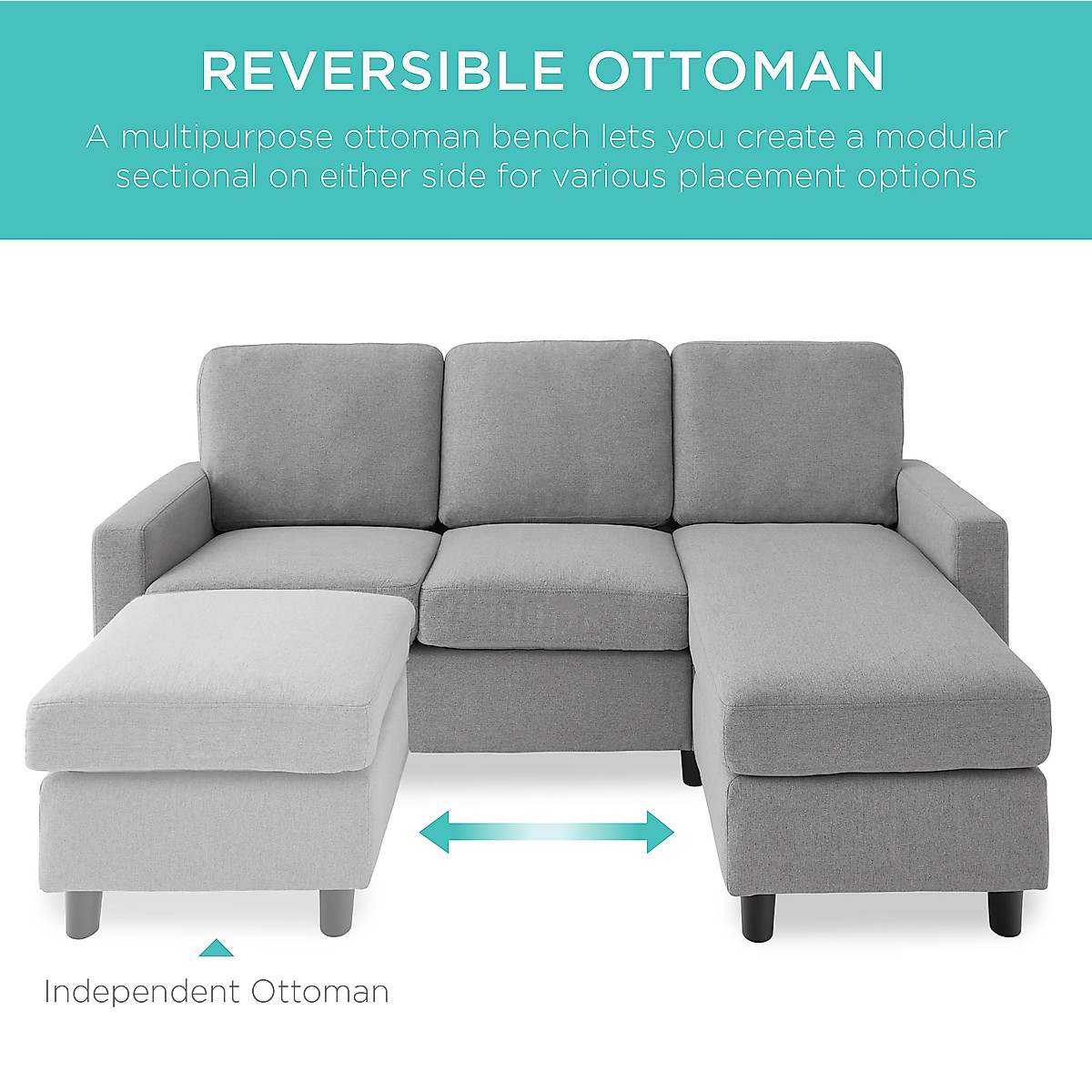 Best Choice Products Upholstered Sectional Sofa for Home, Apartment, Dorm, Bonus Room, Compact Spaces w/Chaise Lounge, 3-Seat, L-Shape Design, Reversible Ottoman Bench, 680lb Capacity - Light Gray