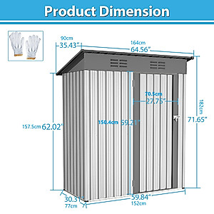 Outdoor Storage Shed 5 X 3 Ft Galvanized Metal Garden Shed with Lockable Doors, Tool Storage Shed for Patio Lawn Backyard Trash Cans