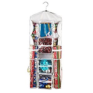 Wrapping Paper Storage Organizer- Dual Sided Hanging Gift Wrap Station- Clear Compartments for 30” Rolls, Ribbon, Bows, Gift Bags & More by Elf Stor