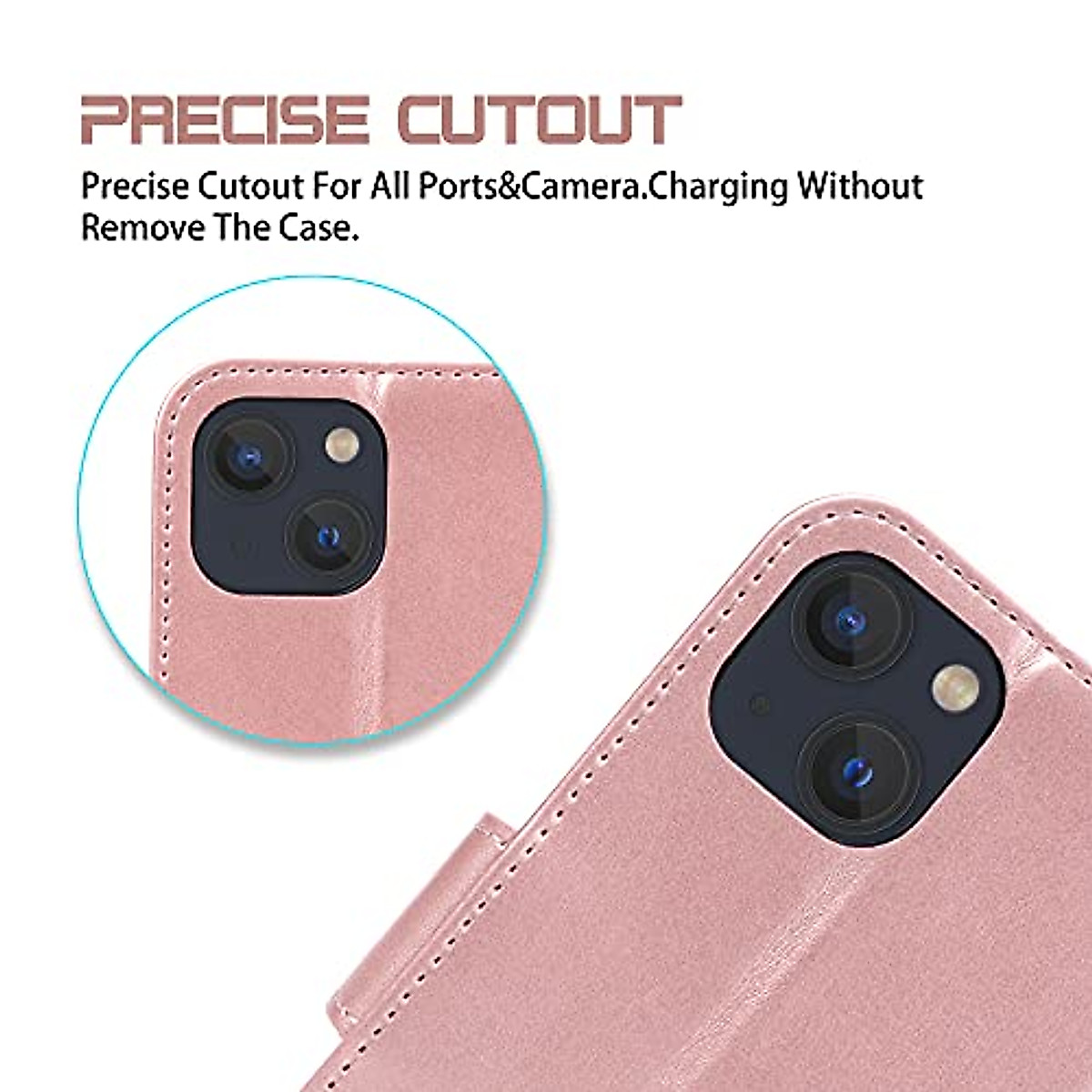 Arae Compatible with iPhone 13 Case[ Not for iPhone 13 Pro] with Card Holder and Wrist Strape Wallet Flip Cover for iPhone 13 6.1 inch-Rose Gold