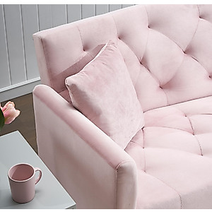 Modern Velvet Sofa Bed Futon with 2 Pillows,2-in 1 Convertible Sleeper Couch Bed,Folding Recliner Loveseat with Golden Metal Legs for Living Room Apartment Office (Pink) (Light Pink)