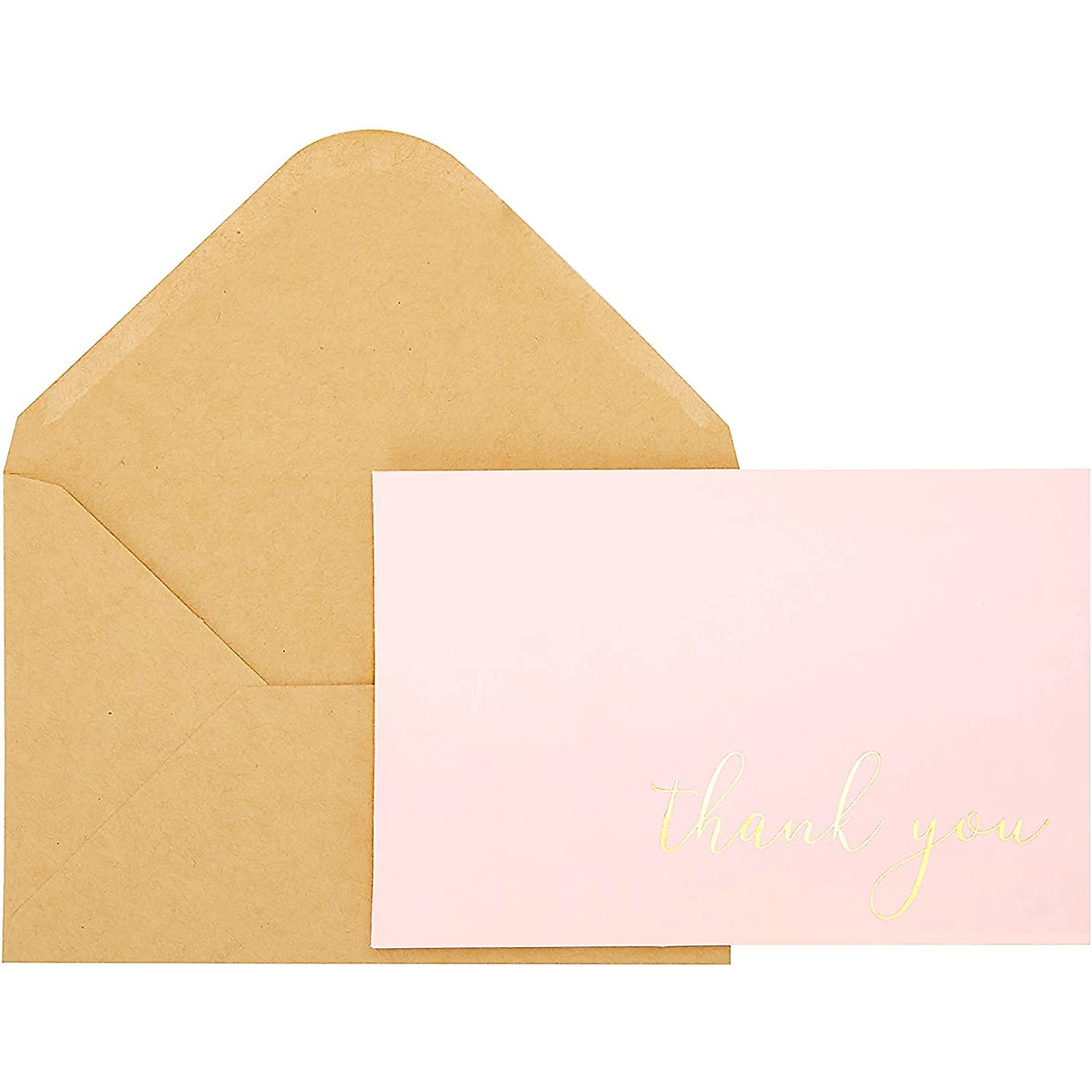 Thank You Cards - Blank 50 Pack Baby Pink Matte Finish Cards with Gold Foiled "Thank You" Printed with 52 Kraft Envelopes 4" x 6" - for Bridal Shower Baby Shower Birthday Party