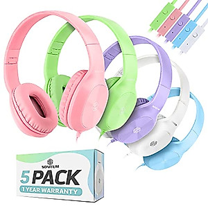 Sonitum Bulk Kids Headphones for School with Microphones - 5-Pack On-Ear 3.5mm Wired Headphones for Schools -Comfy Wired Kids Headphones with in-Line Mics – School Headphones for Kids