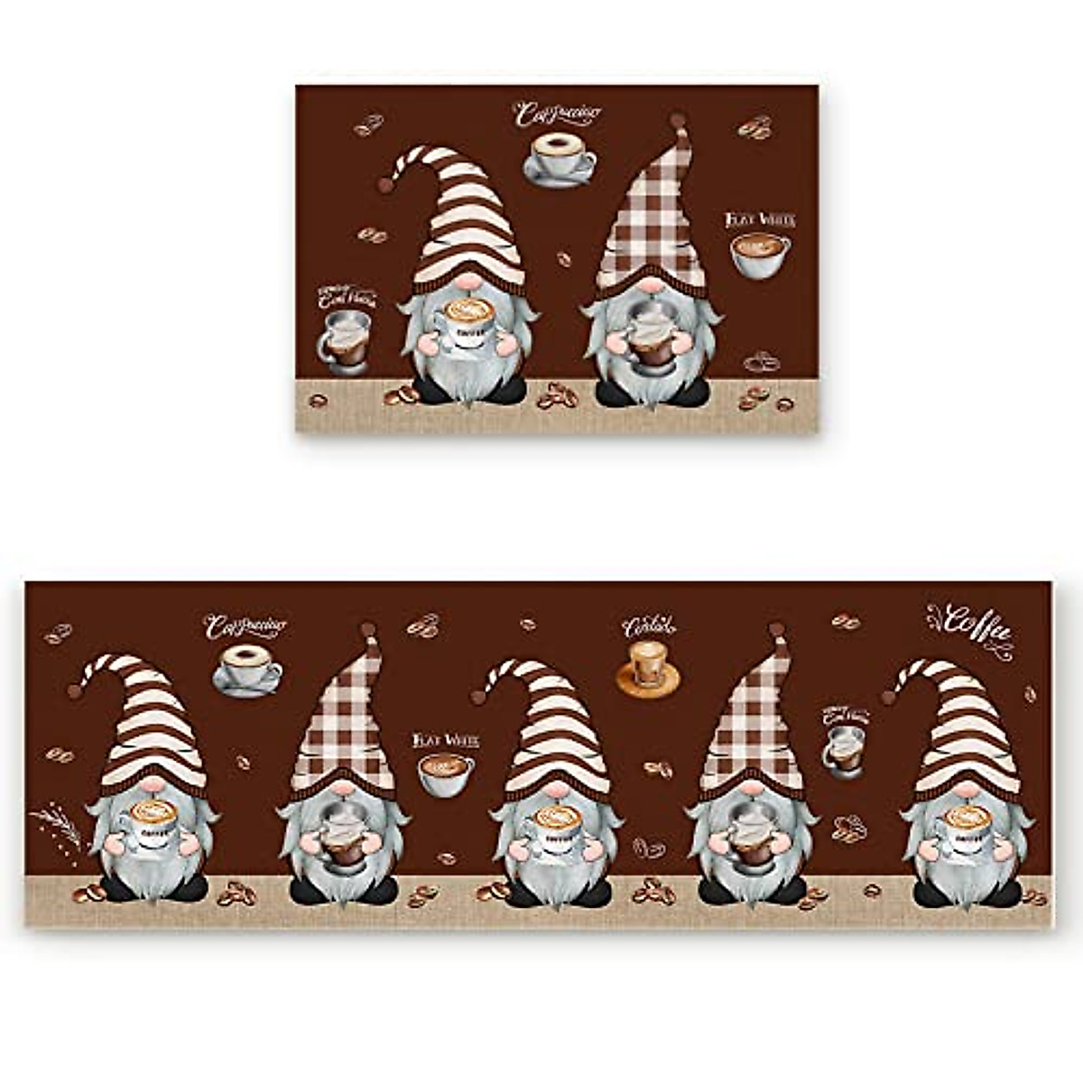 Coffee Gnomes Kitchen Mat Set 2 Piece Kitchen Rugs, Farmhouse Brown Coffee Beans Soft Non-Slip Rubber Backing Floor Mats Doormat Bathroom Runner Area Rug Carpet, 19.7x31.5in + 19.7x47.2in