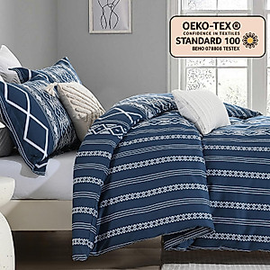 DUOMING Boho Duvet Cover Queen - 100% Cotton Navy Duvet Cover Set, Navy Blue Queen Duvet Cover with Zipper Closure & 8 Ties, 3 Piece Bohemian Duvet Cover Queen Set