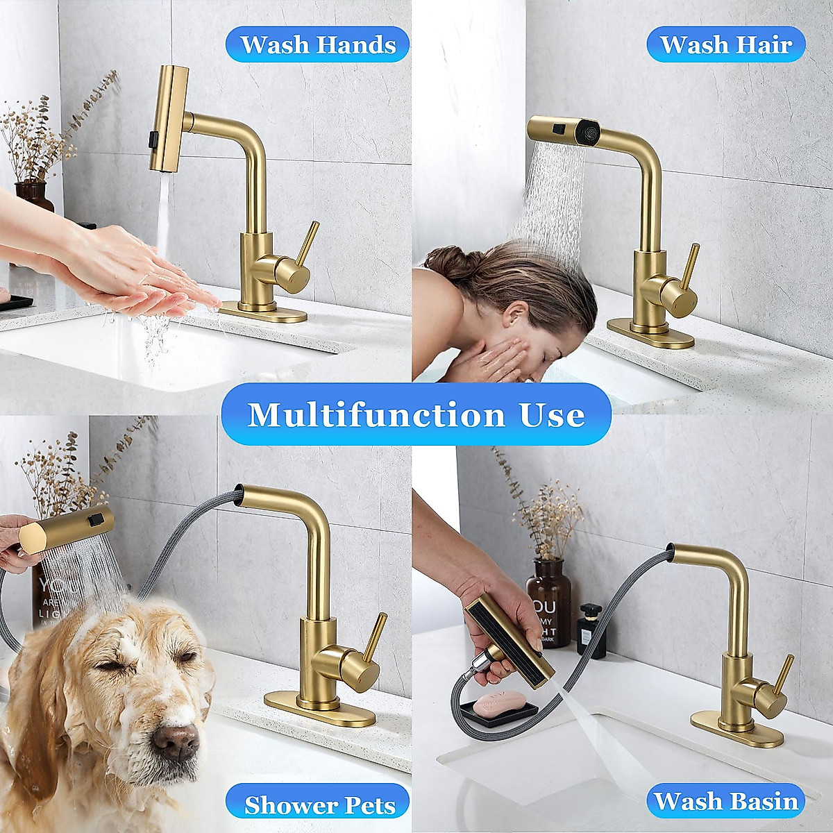 TRIPHIL Waterfall Bathroom Faucets with 3 Mode Pull Down Sprayer,Single Handle Modern Bath Sink Faucet with Pop Up Drain and Deck Plate,Brusehd Gold 1 Hole RV, Bar,Restroom,Lavatory,Vanity Tap