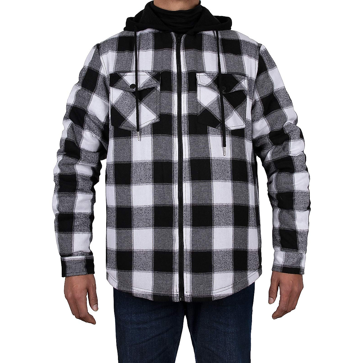 ZENTHACE Men's Sherpa Lined Full Zip Hooded Plaid Shirt Jacket Black/Grey XXL