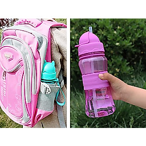 Water Bottle for Kids Toddlers with Straw Strap 12OZ Children Sized Leak Proof BPA Free Tritan Drinking Bottles for Boys Girls School Students, Cute Lightweight Sturdy Anti-skid Design (Purple)