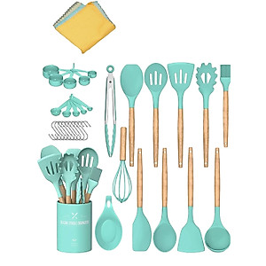 33 pieces.” Kitchen Utensils Set for cooking. Comes with 5 kitchen cleaning cloths, Utensil set with holder, spatula, so gadgets, silicone kitchen utensils wood handle.