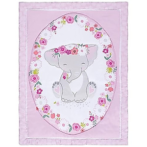 Sammy & Lou Elephant Garden 4-Piece Baby Nursery Crib Bedding Set for Girls, Includes Quilt, Fitted Crib Sheet, Crib Skirt, and Plush Toy