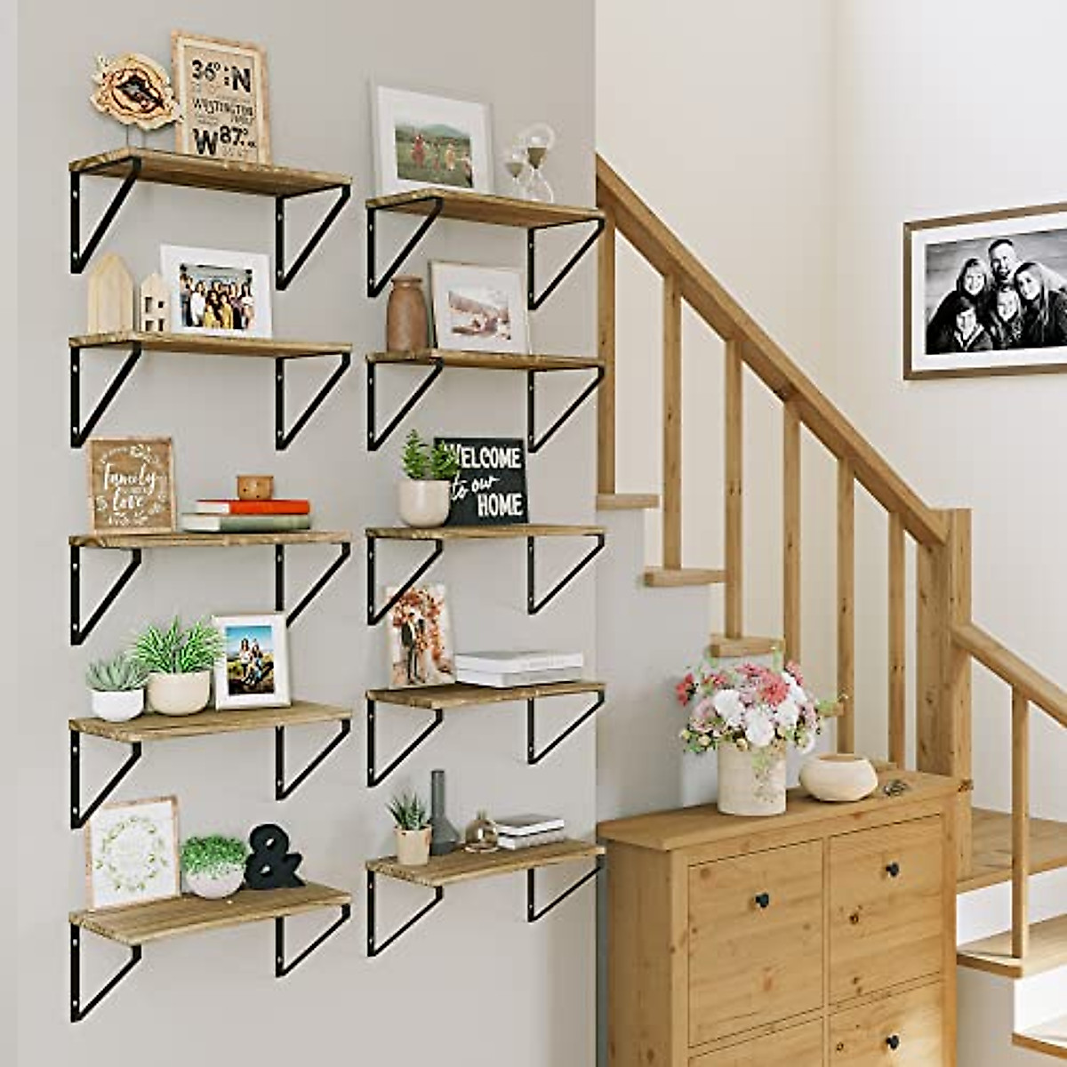 Wallniture Ponza Floating Shelves for Wall, 17"x8" Bookshelf for Large Books, Storage Shelves for Office, Hallway Living Room Decor, Set of 10, Burnt