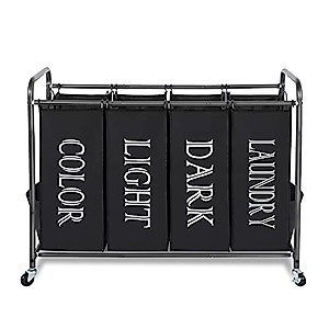 STORAGE MANIAC Laundry Sorter, Laundry Divider with Side Pockets, Multi Laundry Separator Hamper with Removable Bags and Rolling Lockable Wheels, Laundry Organizer Hamper, 4 Section Black
