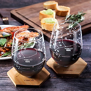 The Wine Savant Set of 2 Zodiac Sign Wine Glasses with 2 Wooden Coasters Astrology Drinking Glass Set with Etched Constellation Tumblers for Juice, Water Home Bar Horoscope Gifts 18oz (Virgo)