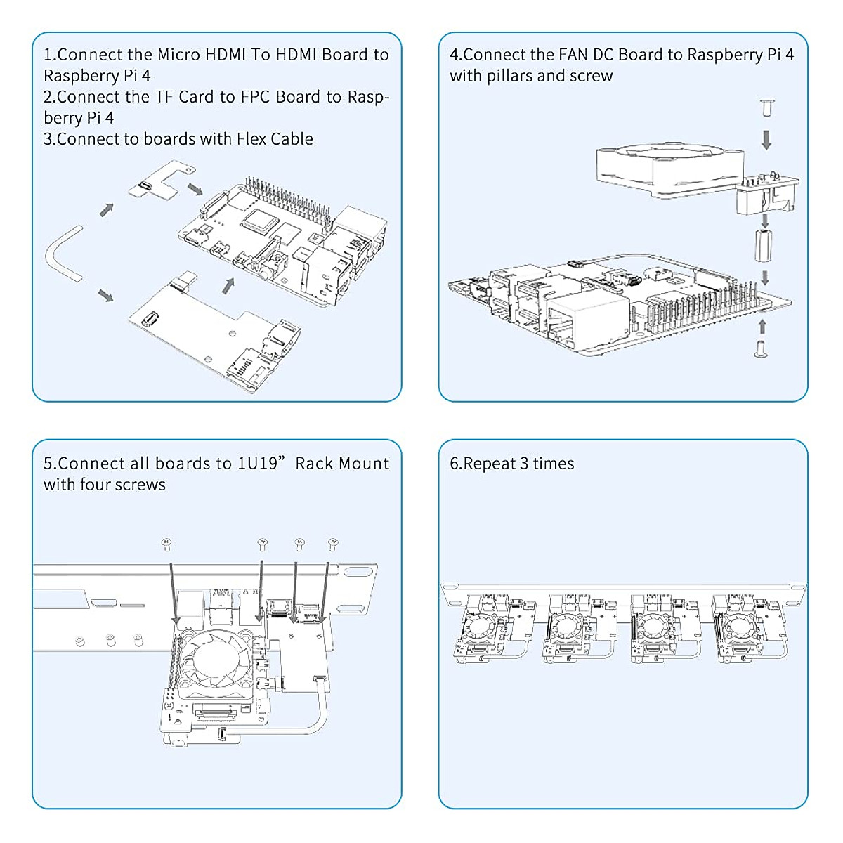 GeeekPi 1U Rack Mount for Raspberry Pi 4, 19" 1U Rackmount Supports 1-4 Units with 4pcs Fans, Aluminum Heatsinks, Micro HDMI Boards, TF Card to FPC Boards for Raspberry Pi 4B