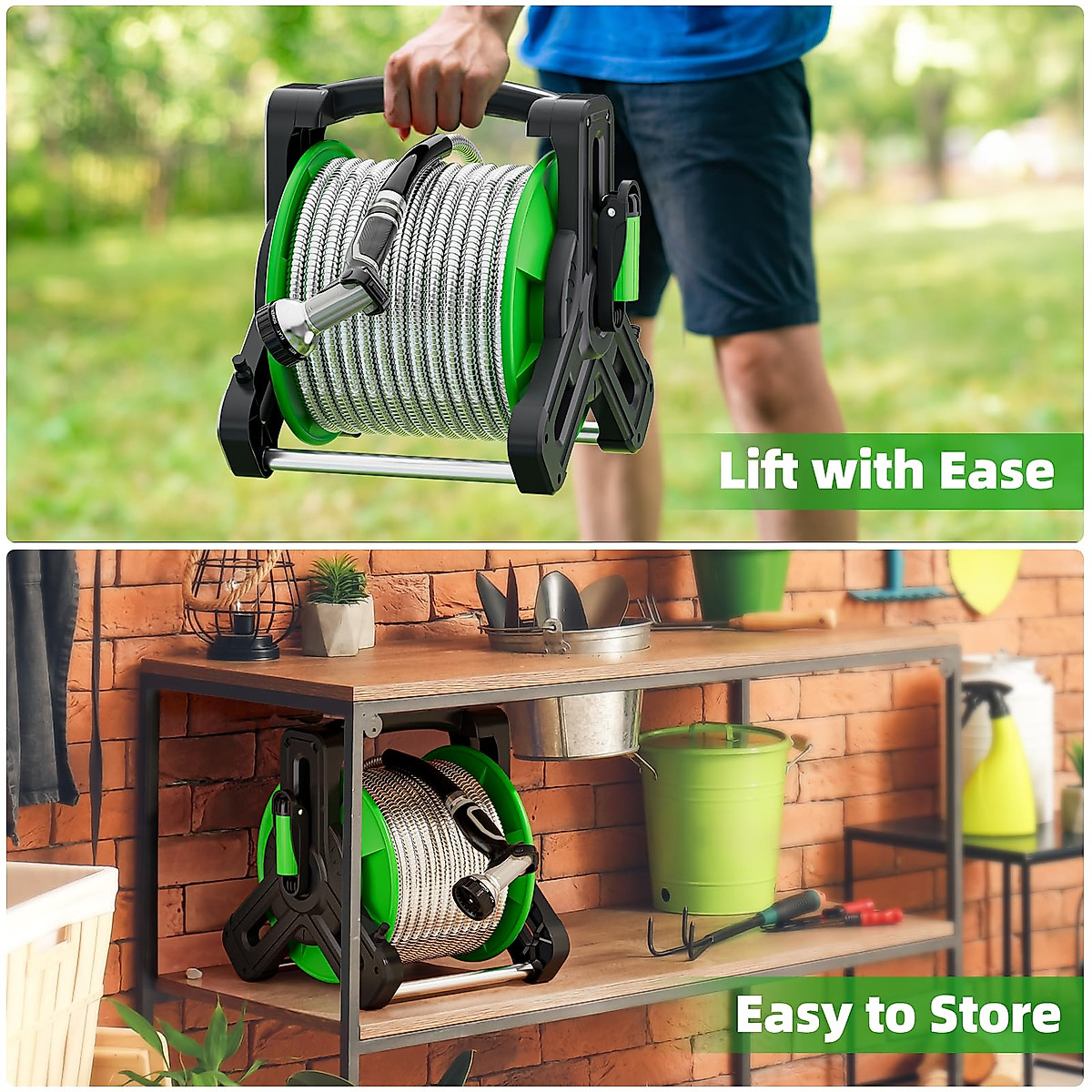 SPECILITE Wall Mount Garden Water Hose Reel with 75ft 304 Stainless Steel Metal Pipe and Nozzle for Outside, Yard, Patio,Space-Saving Design, Easy Storage, Green