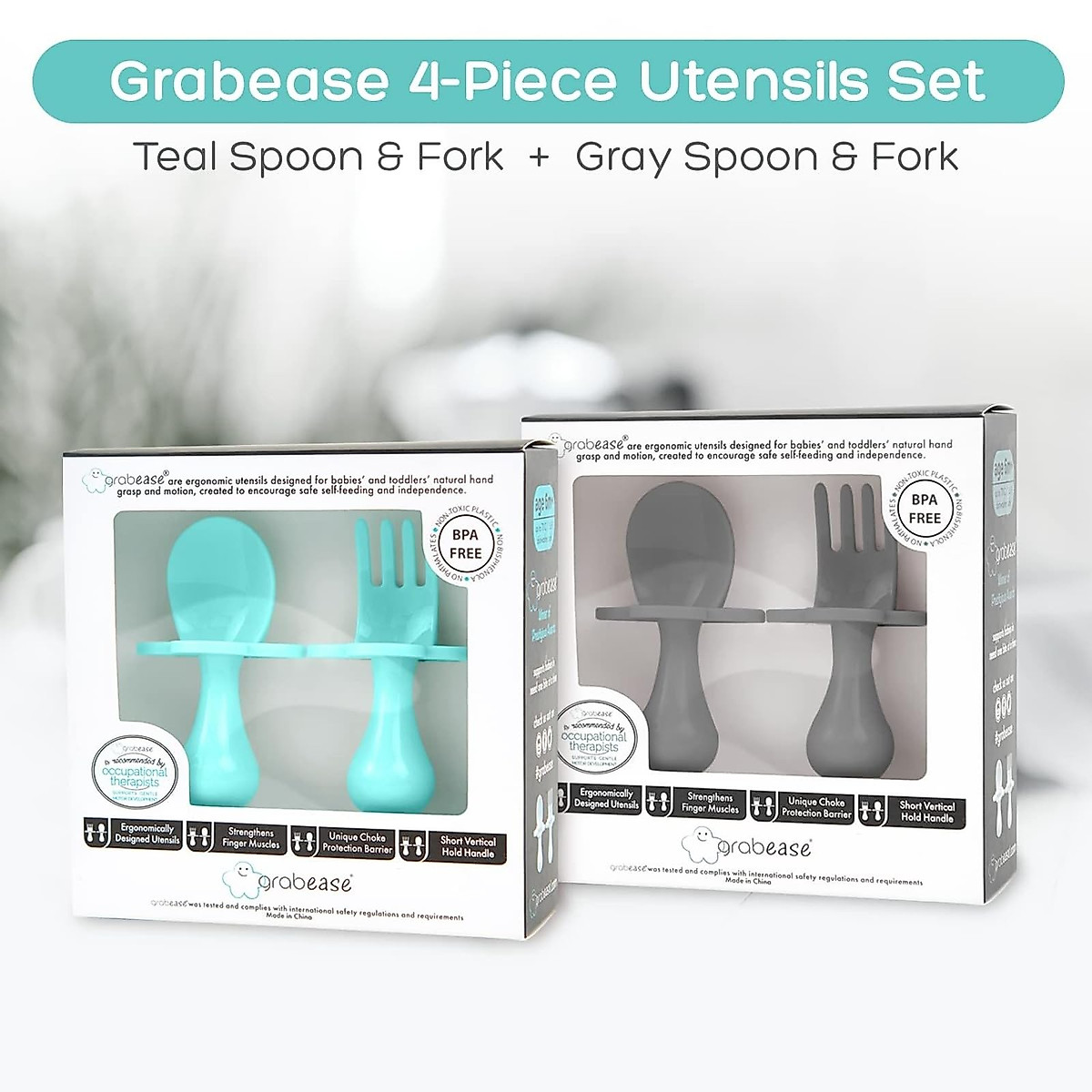 Grabease Baby Spoons Toddler Utensils Toddler Silverware Baby Utensils, BPA-Free & Phthalate-Free for Baby & Toddler, 2 Sets, Teal and Gray