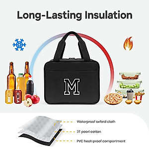 Lunch Bag Women, Insulated Lunch Box for Men, Monogrammed Lunch Tote Bag, Portable Reusable Lunch Cooler Bags, Personalized Lunch Tote Sack, Initial Letter Cute Small Lunchbox (Black, M)