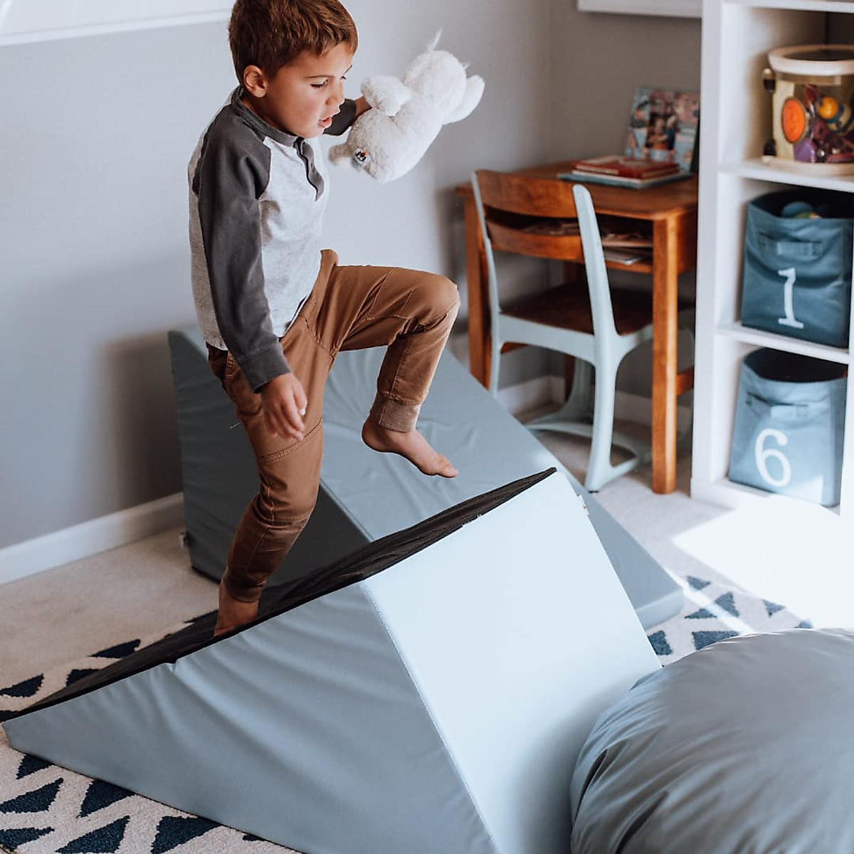Foamnasium Mega Wedge Set, Indoor Foam Playset, 2 Piece Soft Toddler and Active Kids Play Foam Climber for Crawling, Climbing, Sliding and Jumping, Made in the US, Baby Blue/Pewter