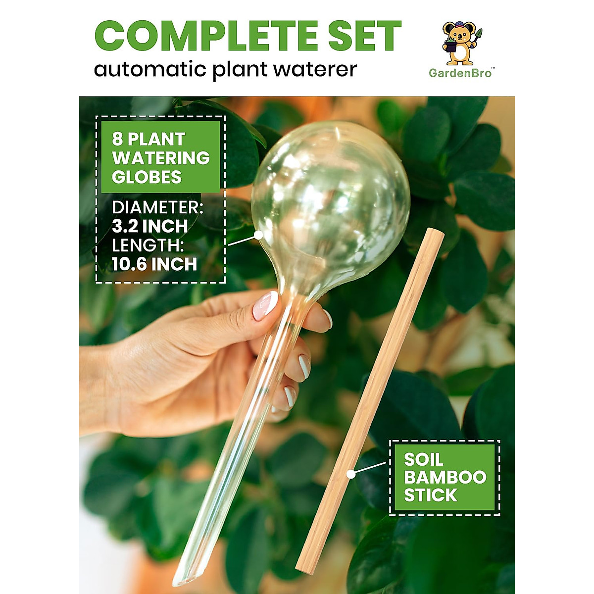 GARDENBRO 8 pc Plant Watering Globes Large Plastic - Automatic Plant Waterer Set Include Plant Accessories for Indoor and Outdoor Pots - Set of 8