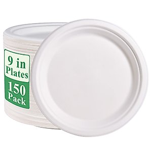 Vplus 150 Pack Paper Plates 9 inch 100% Compostable Plates Heavy-Duty Disposable Paper Plates Bagasse Natural Biodegradable Eco-Friendly Sugarcane Plates（White）