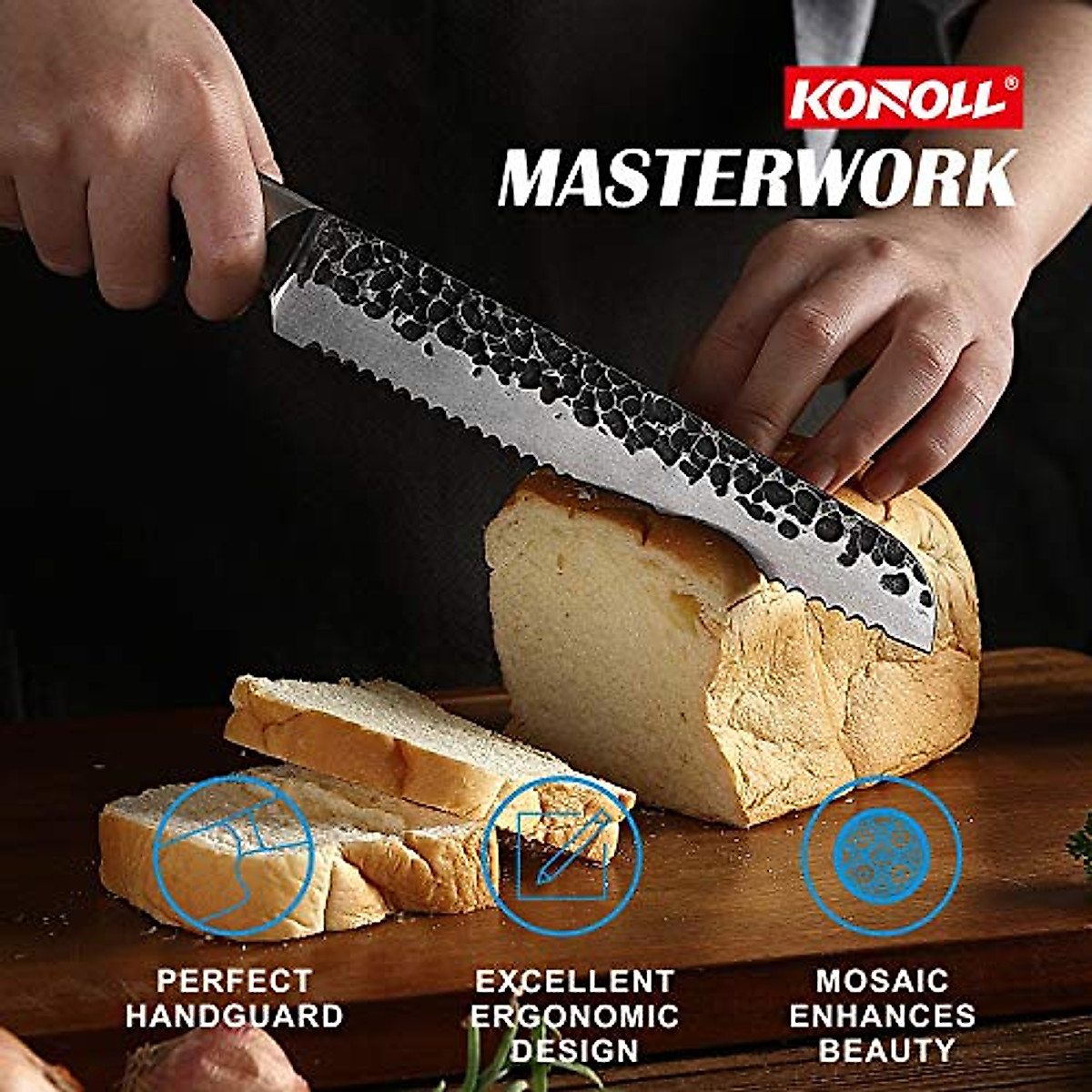 KONOLL Bread Knife,8-Inch Pro serrated Bagle knife Forged Hammered Germany High Carbon Steel Cake Slicing (8-Inch Thunder-K Series)