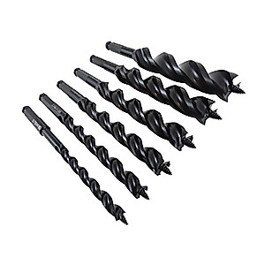 WoodOwl 6 Piece Set with 3/8", 1/2”, 5/8", 3/4”, 7/8" and 1” x 7-1/2” Long Ultra Smooth Tri Cut Auger Hand Brace Boring Bit PTEE coated 09703-09713