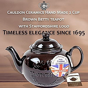Cauldon Ceramics Classic Brown Betty Teapot | Hand Made 2 Cup Brown Betty Teapot with Logo | Made with Staffordshire Red Clay | Traditional Teapot | Authentic, Made in England Teapot | 20 Ounce
