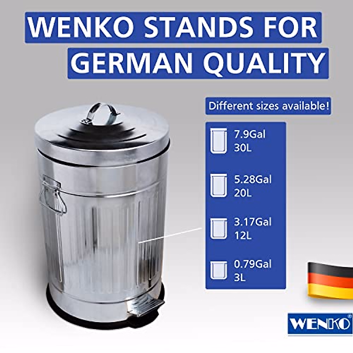 WENKO Step Trash Can with Lid and Pedal, Retro Metal Garbage Bin, for Bathroom, Kitchen, Office, Soft Close, 3.17 Gallon, 10 x 16.5 x 10 in, Gray