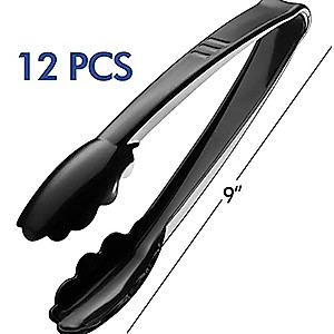 Plastic Tongs for Serving (Pack of 12) 9 Inch - Heavy-Duty Hard Plastic Reusable or Disposable Serving Tongs for Catering, Dinner Parties, Banquets, Buffets, Events, Weddings and Everyday Use, Black