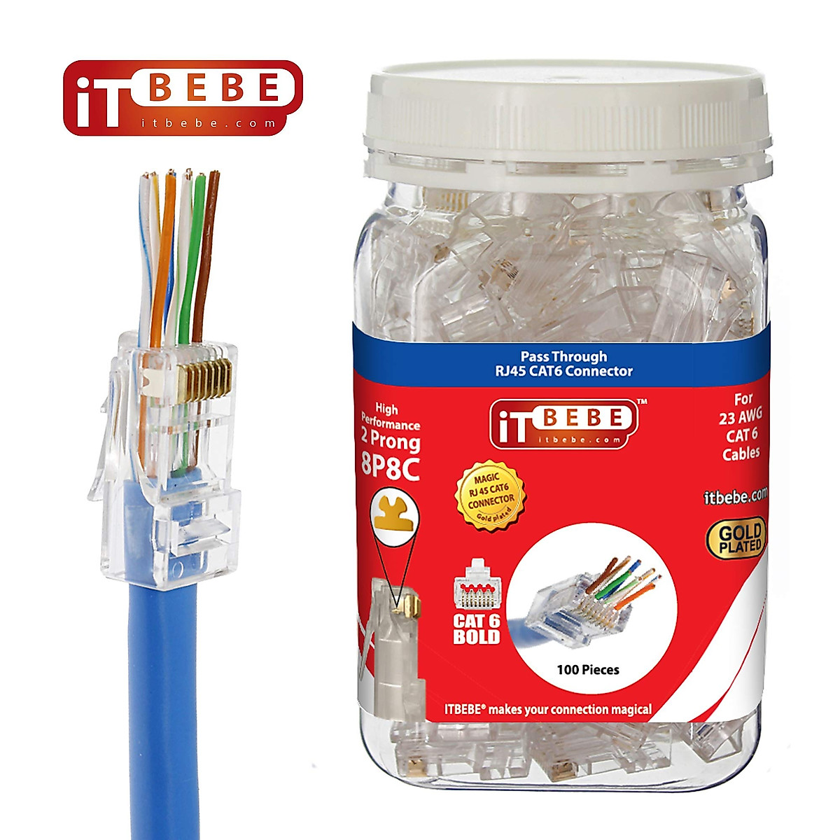 ITBEBE 100 Pieces - Gold Plated RJ45 Cat6 Cat6a Pass Through Connector for 23 AWG Cables